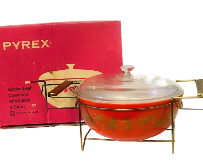 Pyrex Golden Leaf Casserole With Cradle - 4 Qt - Original Box - Like ...