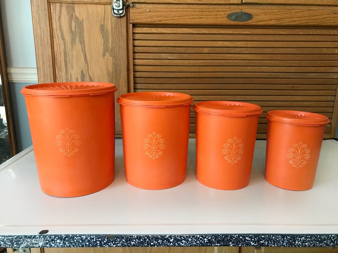 Vintage Tupperware Set of 4 Orange Canisters Snap on Servalier Lids 805 ...