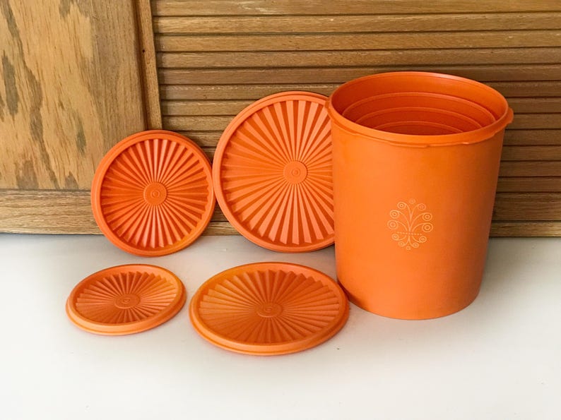 Vintage Orange Tupperware Canister Set Servalier Lids Set of 4 Scroll ...