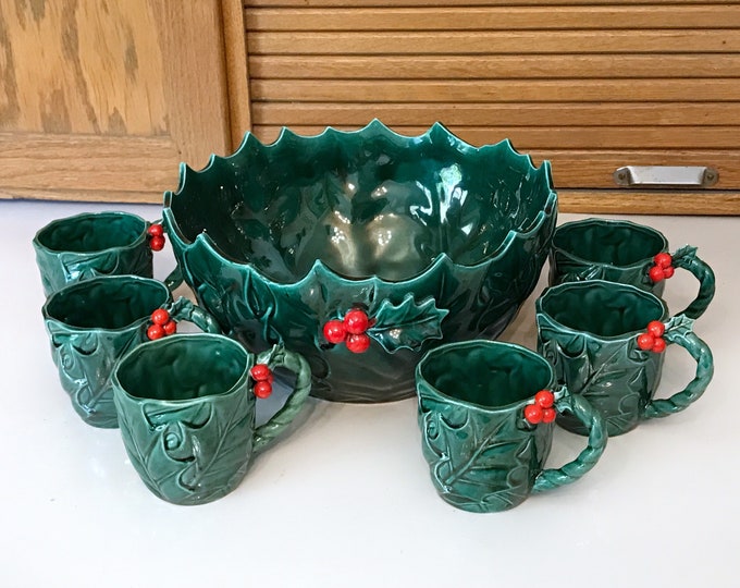 Vintage Lefton Holly Berry Punch Bowl and Cups Christmas Punch Bowl Set ...