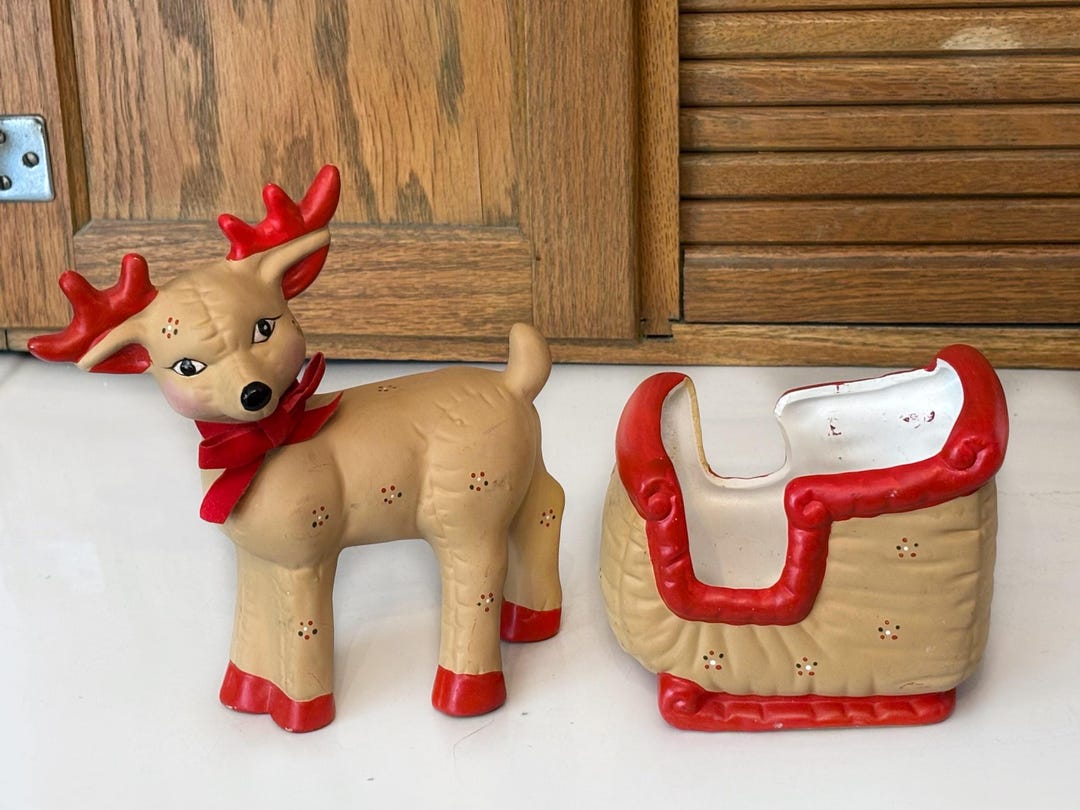 Vintage Kimple Reindeer and Santa's Sleigh Set - Christmas Reindeer ...