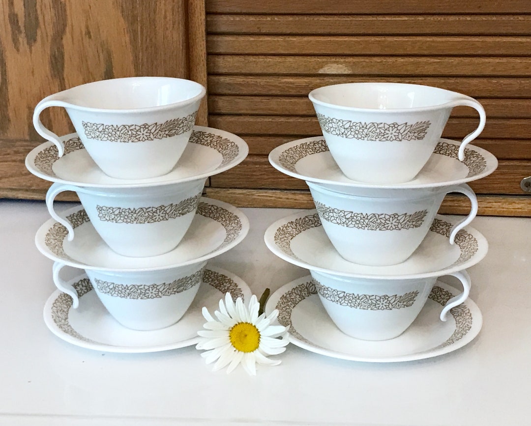 Vintage Corelle Woodland Cup and Saucer Set: Stacking Hook Handle, 12 ...