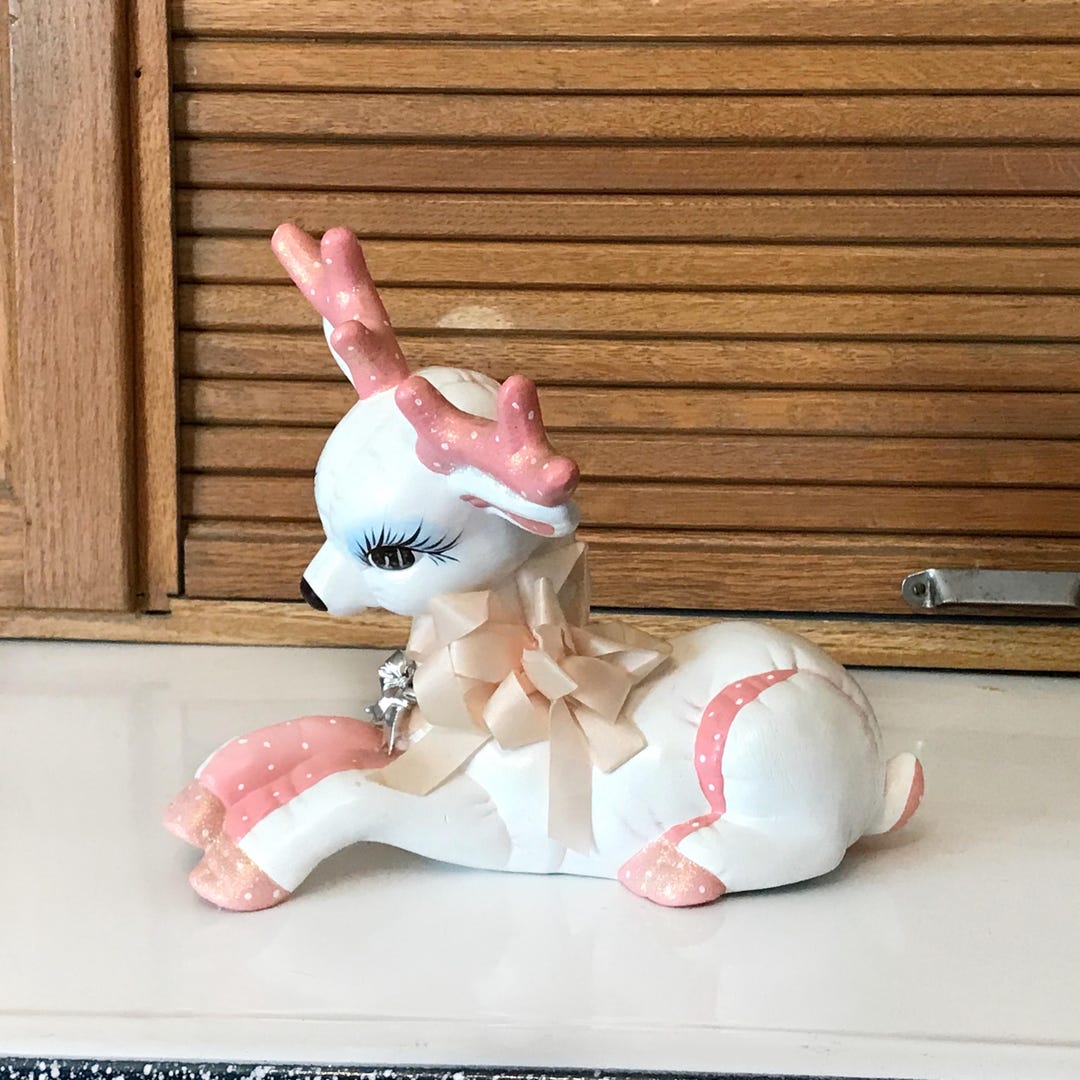 Vintage Kimple Ceramic Reindeer - Pink and White Glitter- Quilted Look ...
