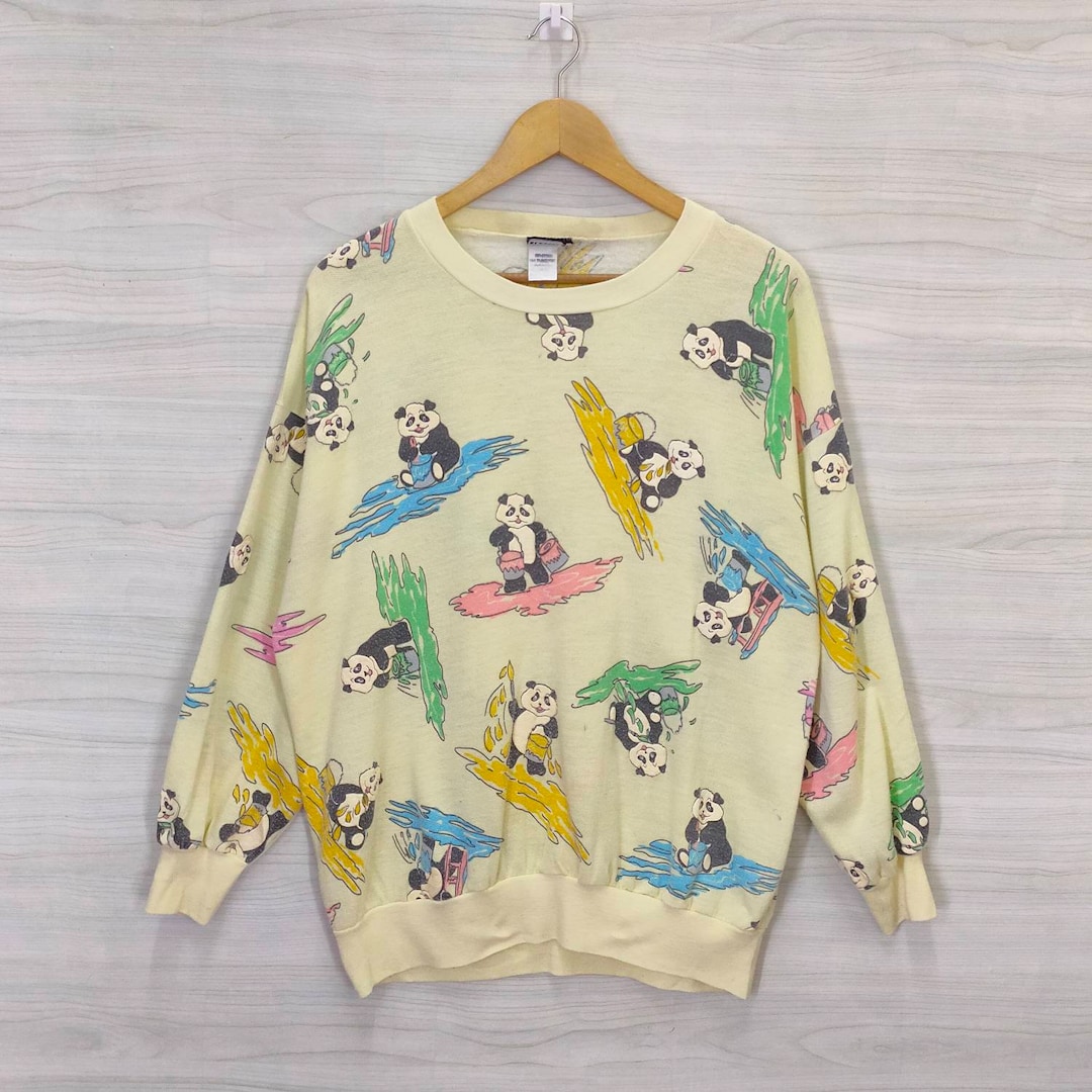 Cute Panda Sweater Vintage Panda Bears Jumper Sweatshirt Yellow Womens ...