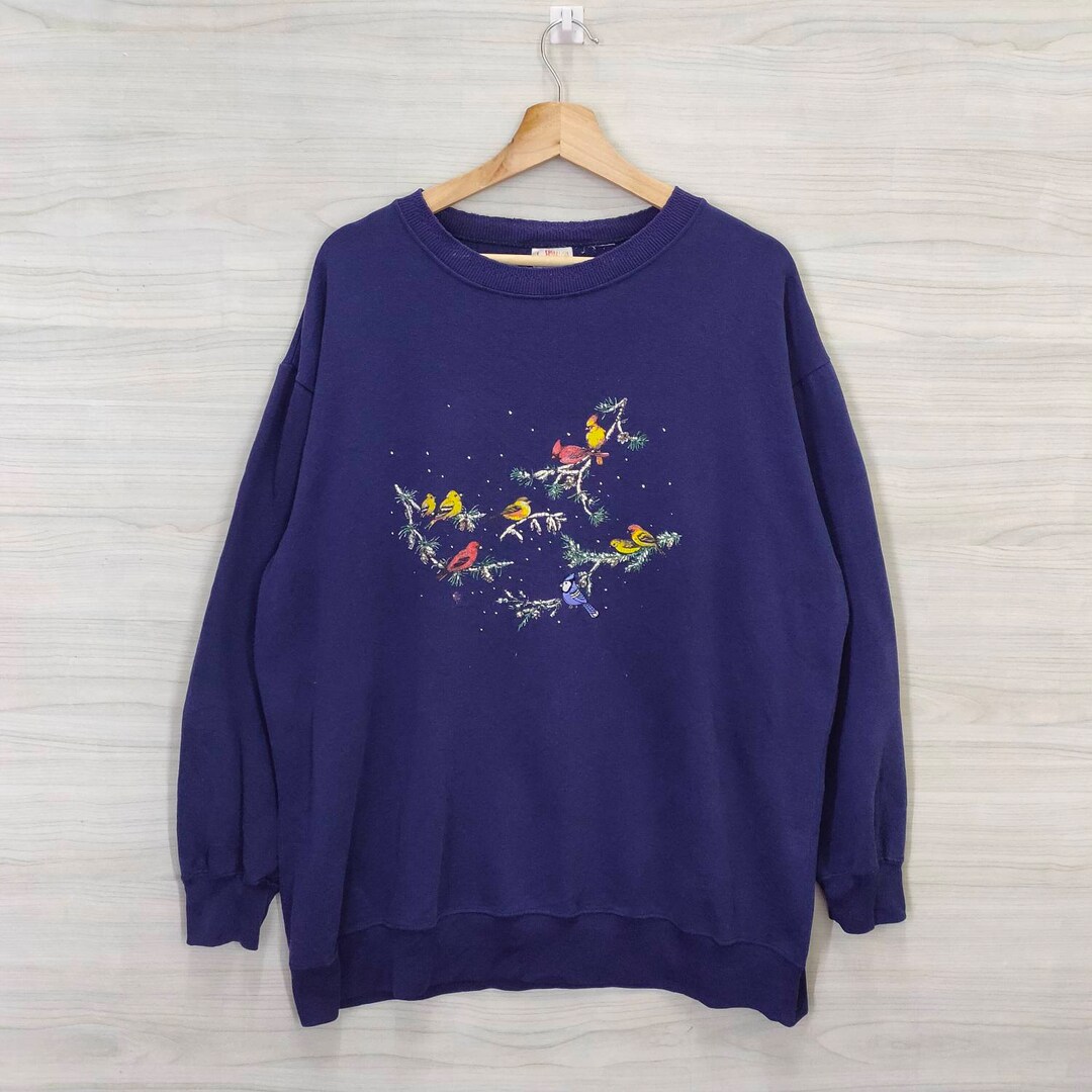 Puffy Bird Sweater Vintage Floral Bird Crewneck Cardinals Navy Blue ...