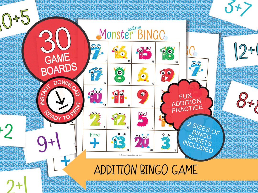 Monster Addition Bingo Addition Practice Math Game for Kids; Math ...