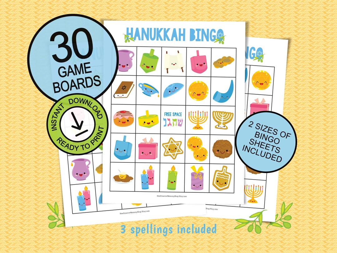 Hanukkah Bingo Game for Parties / Large Groups; 30 Printable Game ...