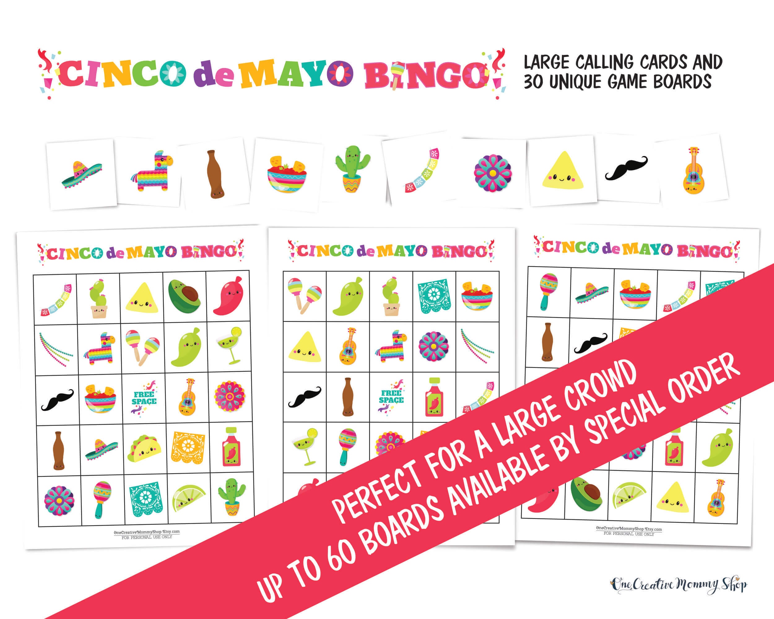 Cinco De Mayo Bingo Cards; 30 Printable Game Boards; Mexican Fiesta Fun ...