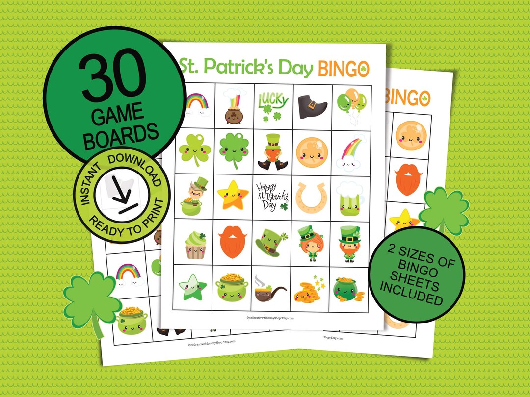 St. Patrick's Day Bingo Game for Kids; 30 Printable Game Boards ...