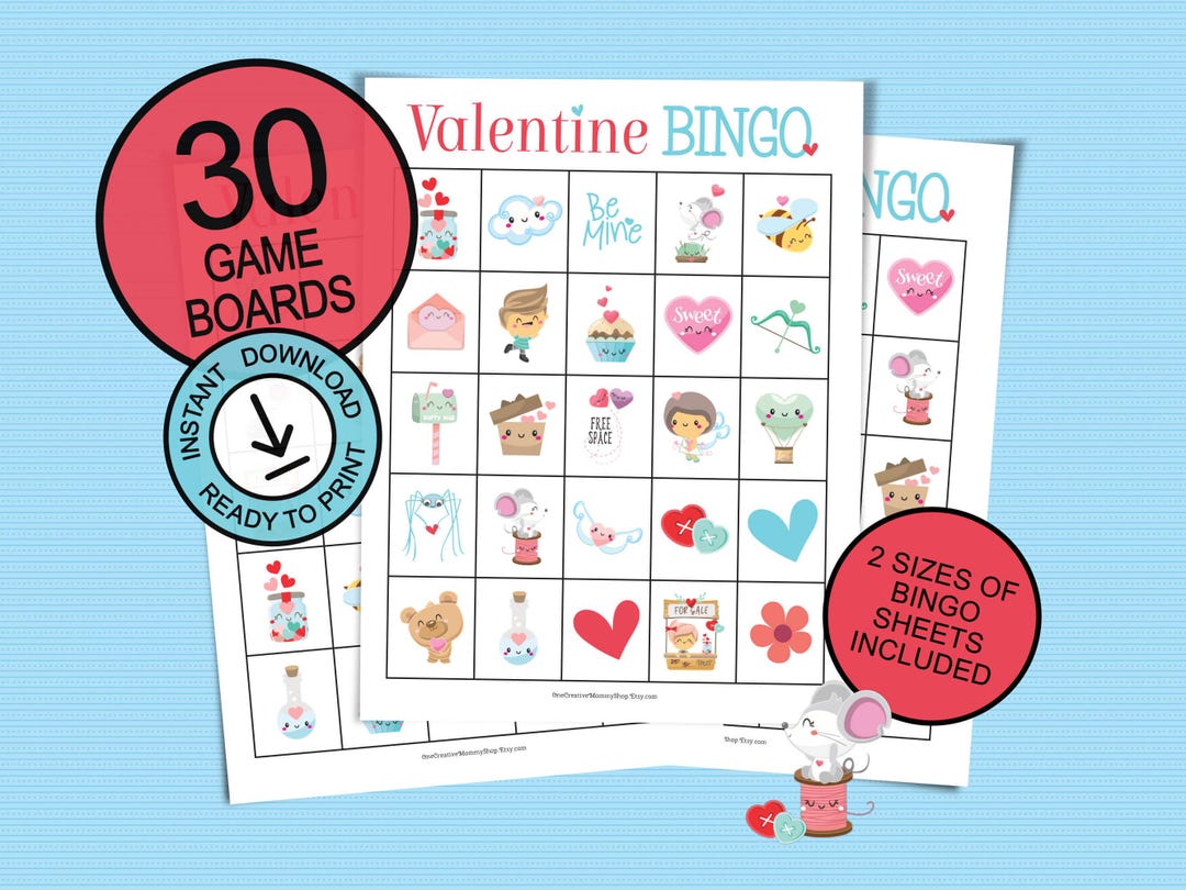 Valentine's Day Bingo Game; 30 Printable Game Boards for Parties, Large ...