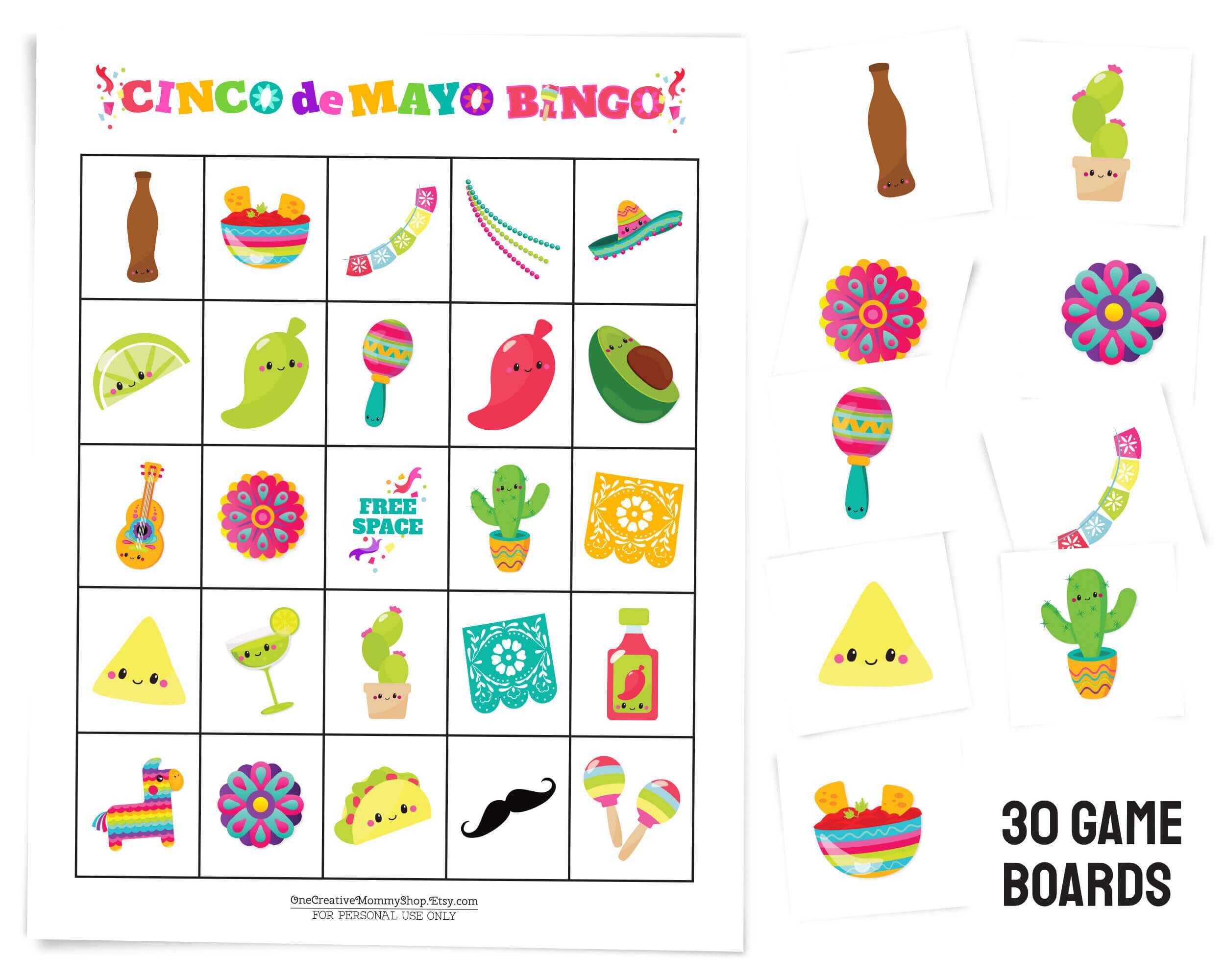 Cinco De Mayo Bingo Cards; 30 Printable Game Boards; Mexican Fiesta Fun ...