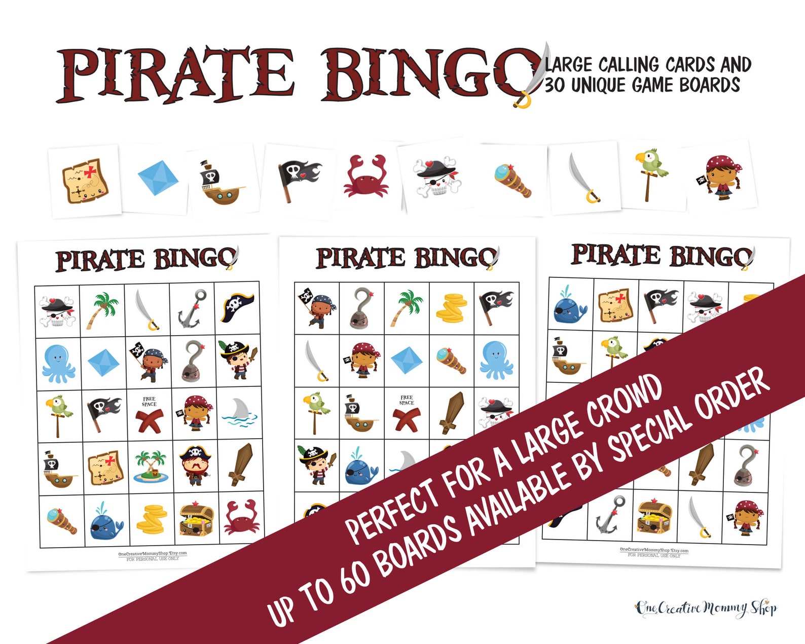 Pirate Bingo Game for Parties; 30 Printable Game Boards; Cute Gift Idea ...
