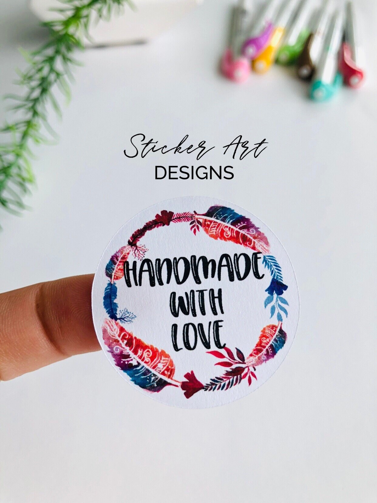 30 HANDMADE WITH LOVE Stickers Boho Feather Stickers Round | Etsy