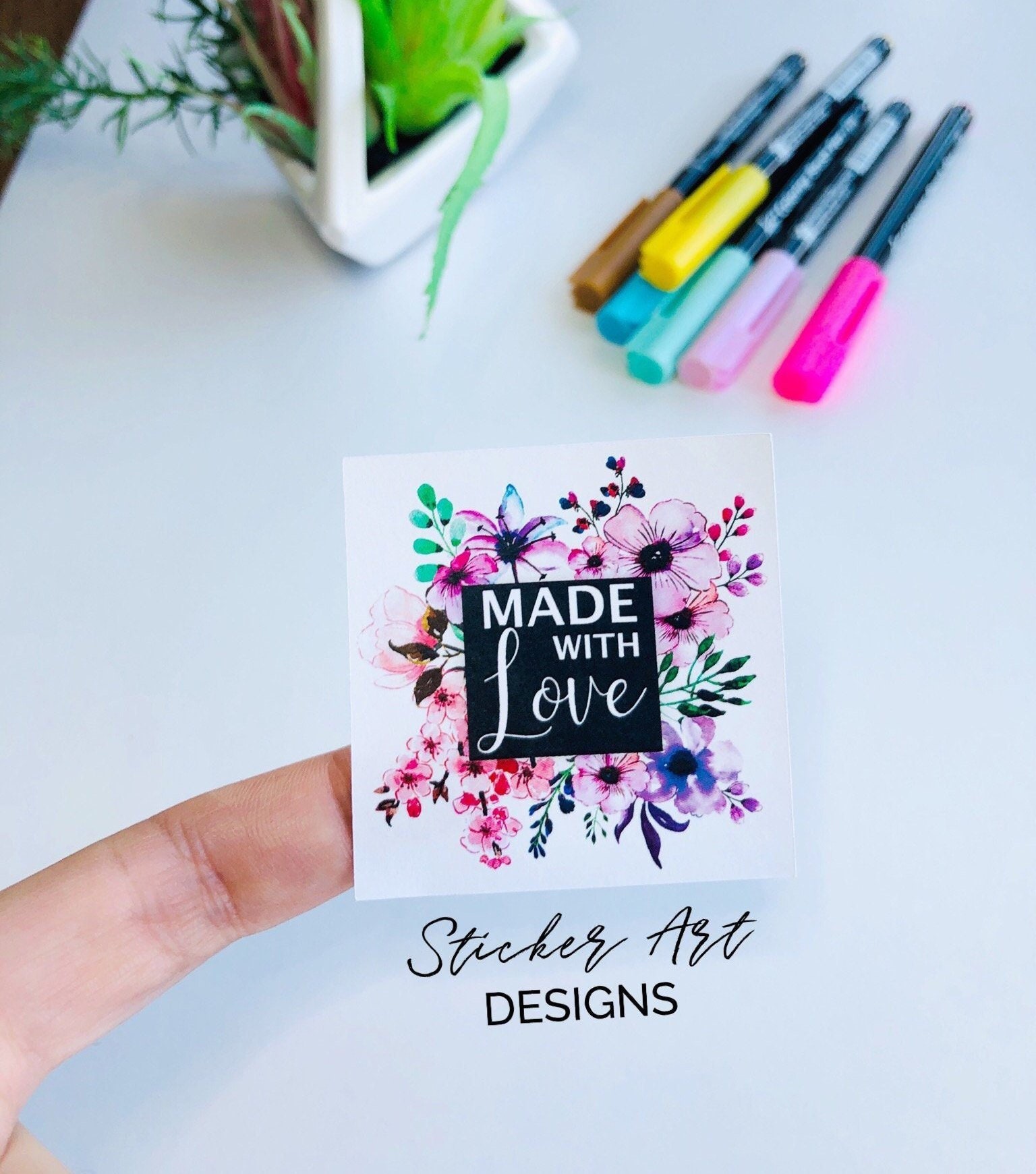 MADE WITH LOVE Stickers Floral Chic Stickers Square Business | Etsy