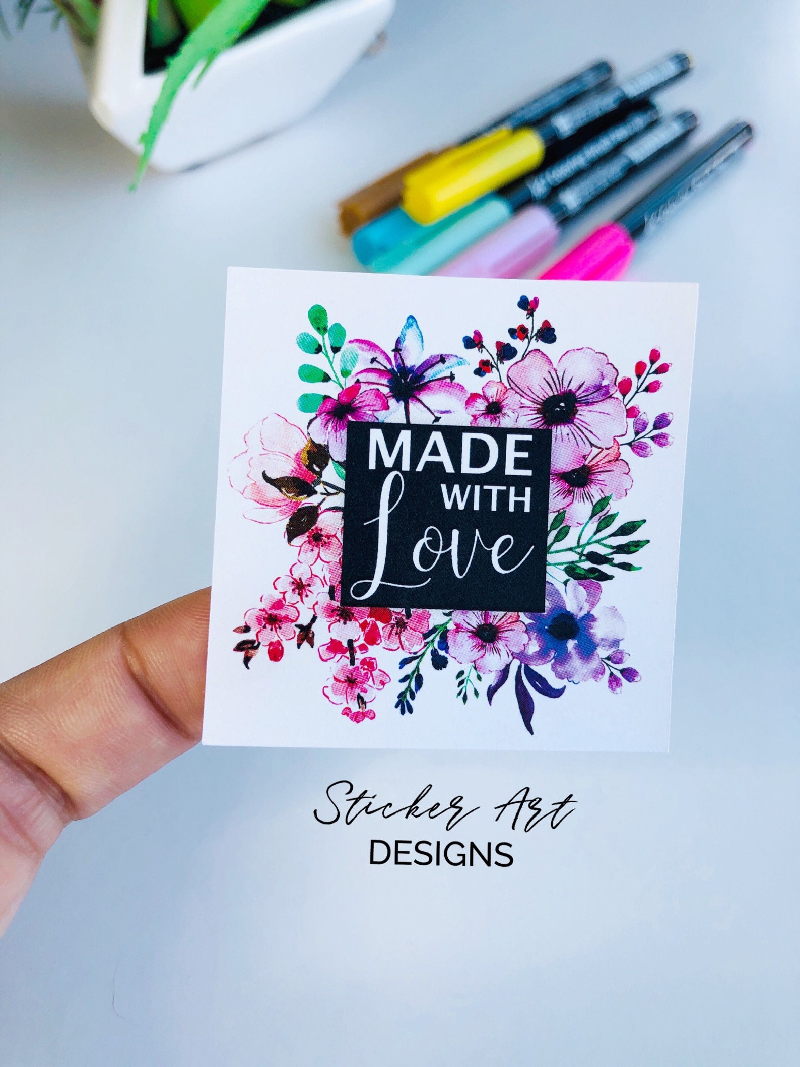 MADE WITH LOVE Stickers Floral Chic Stickers Square Business | Etsy