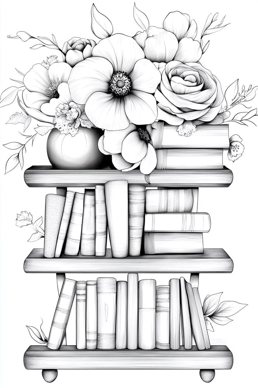 Book Lover Coloring Pages | 48 Pages | Floral, Shelves | Digital ...