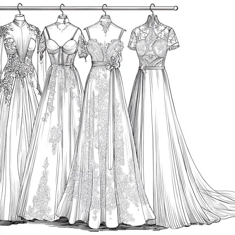 Wedding Dress Coloring Book: 45+ Bridal Gown Designs (digital Download ...