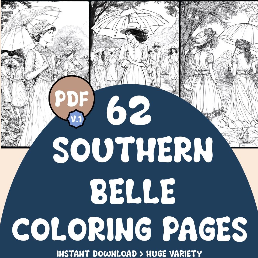 Southern Belle Coloring Pages | 62 Pages | Umbrella, Dresses | Digital ...