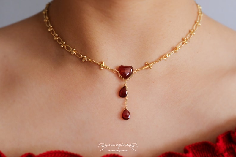 Sword & Bleeding Heart Garnet Gemstone Adjustable Choker Necklace ...