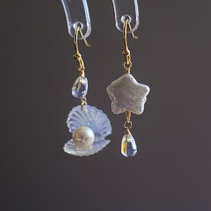 Star Pearl and Seashell Dangle Earrings With Water Droplets Accents Ocean Inspired Jewelry for ...