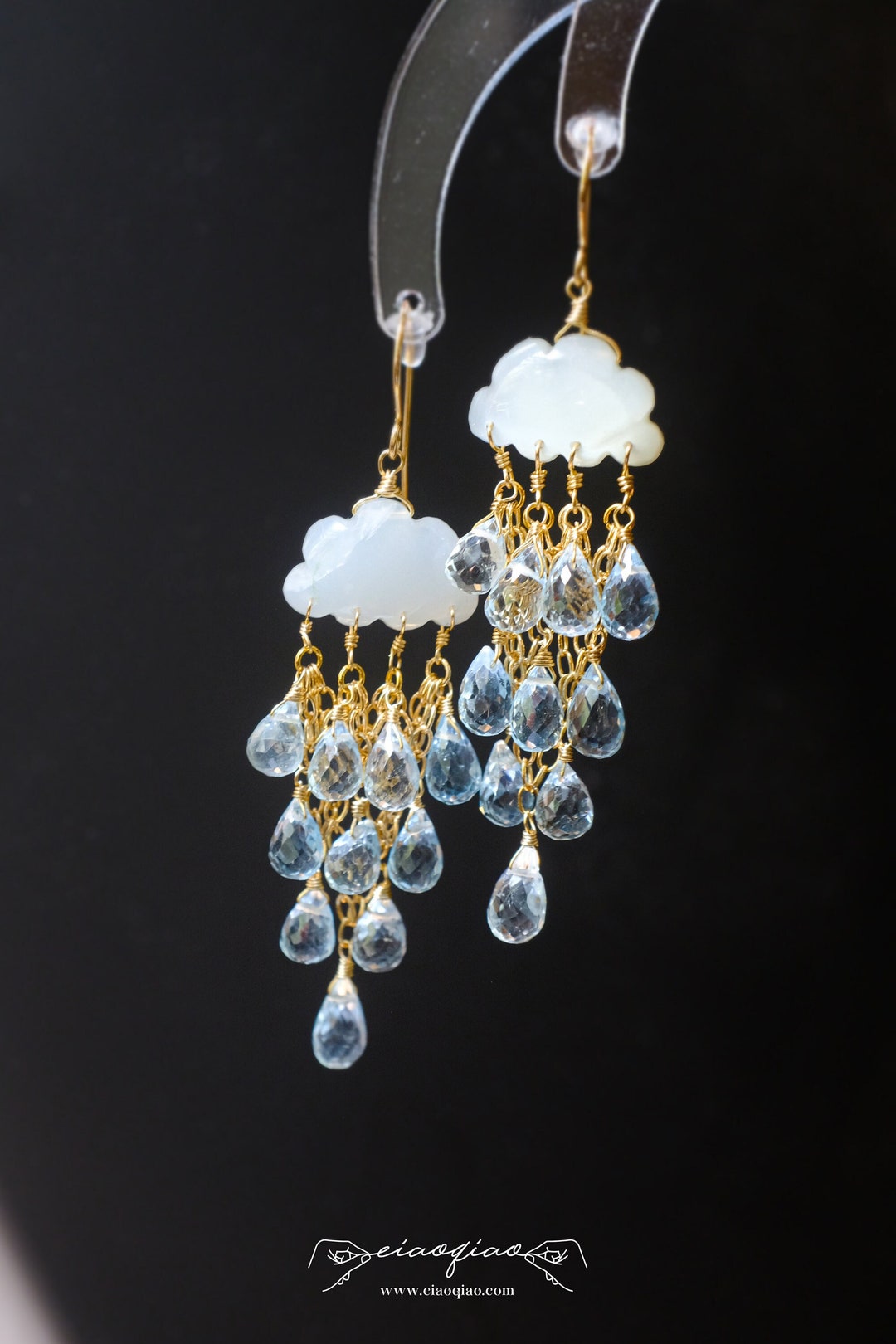 Rain Cloud Gemstone Earrings With Cascading Crystal Raindrops Jewelry ...