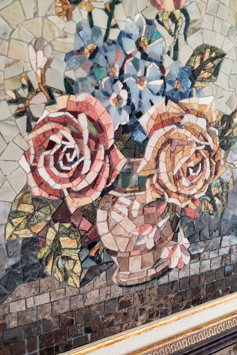 Flores de mosaico de mármol, azulejos de pintura de rosas, flores de ...