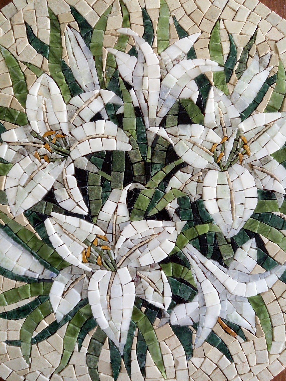 Marble Mosaic White Lilies Round Lily Painting Round Wall | Etsy