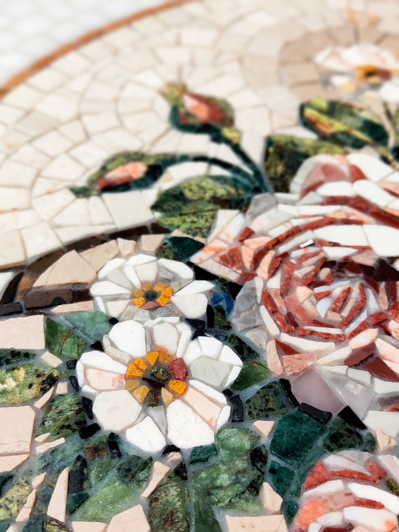Round Marble Mosaic Tiles Roses Flowers - Etsy
