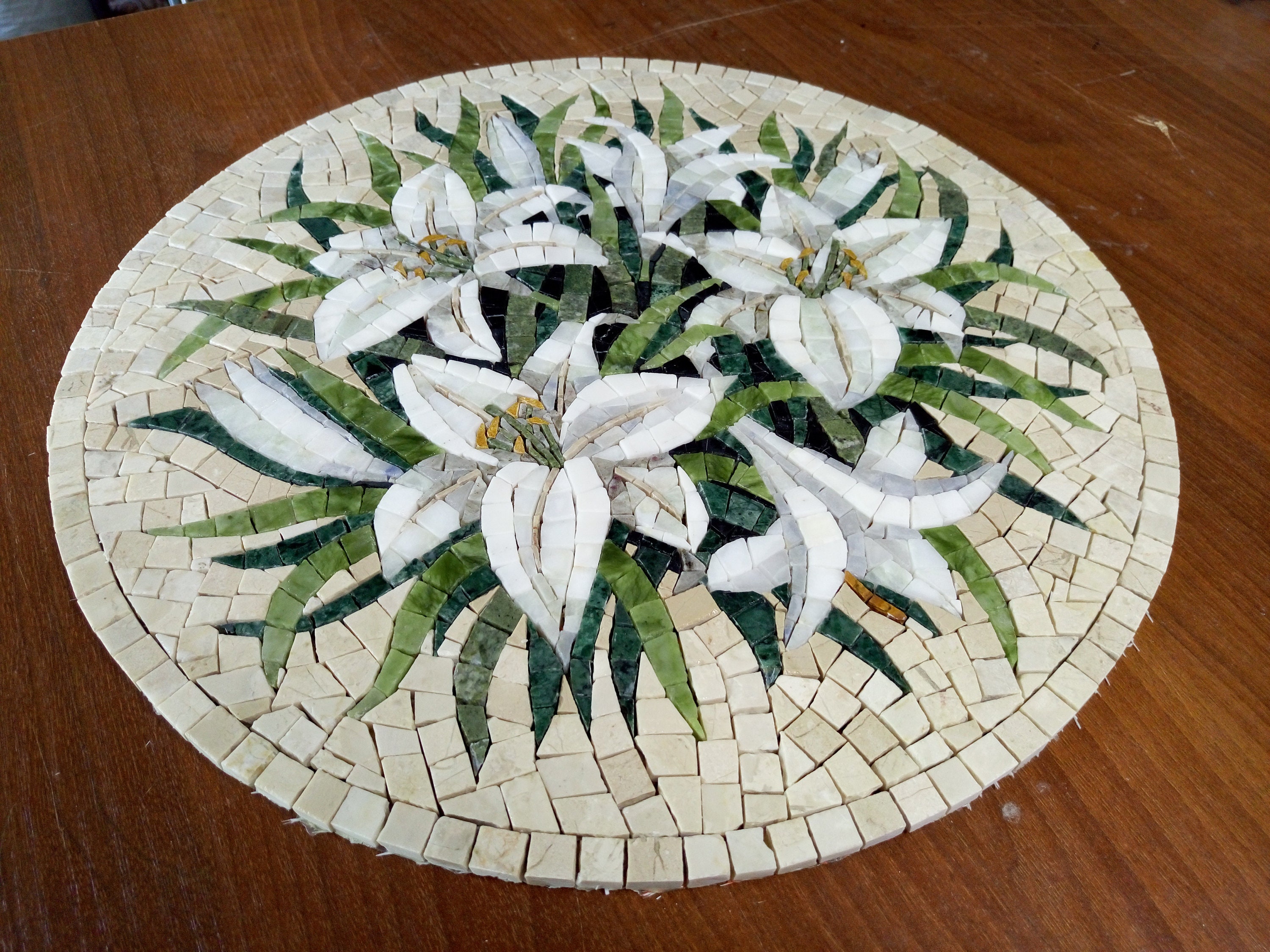 Marble Mosaic White Lilies Round, Lily Painting Round Wall Decor ...