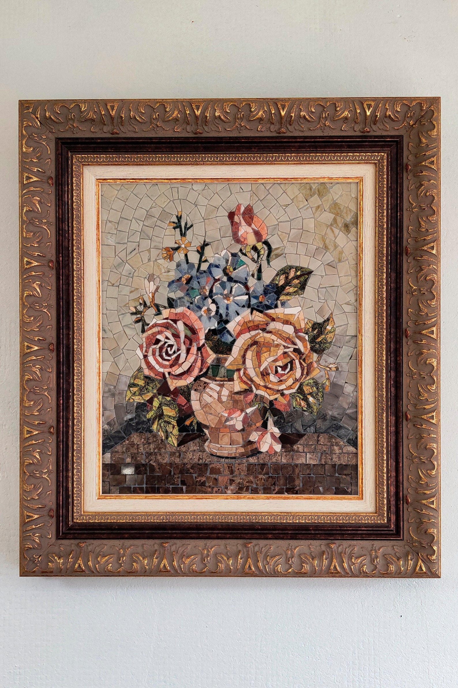 Marble Mosaic Flowers, Roses Painting Tiles, Roman Mosaic Flowers ...