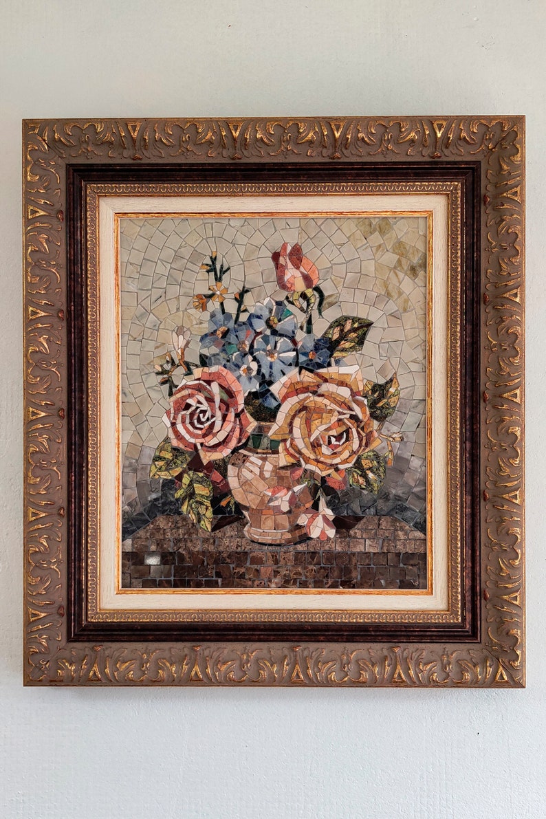 Marble Mosaic Flowers, Roses Painting Tiles, Roman Mosaic Flowers ...