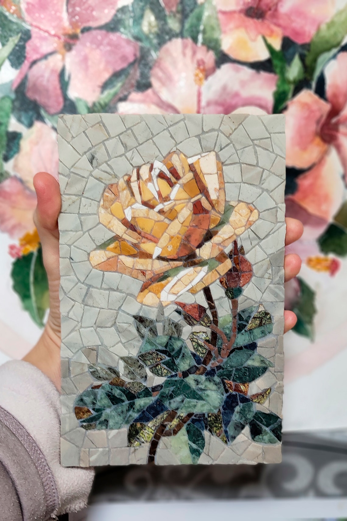Marble Mosaic Flower, Mosaic Tiles Rose, Wall Decor Rose, Painting Rose ...