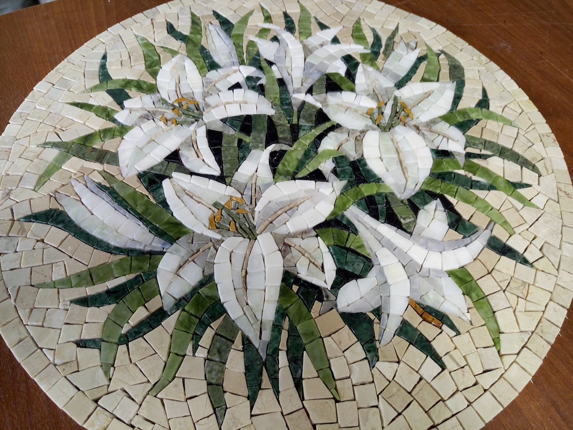Marble Mosaic White Lilies Round Lily Painting Round Wall | Etsy