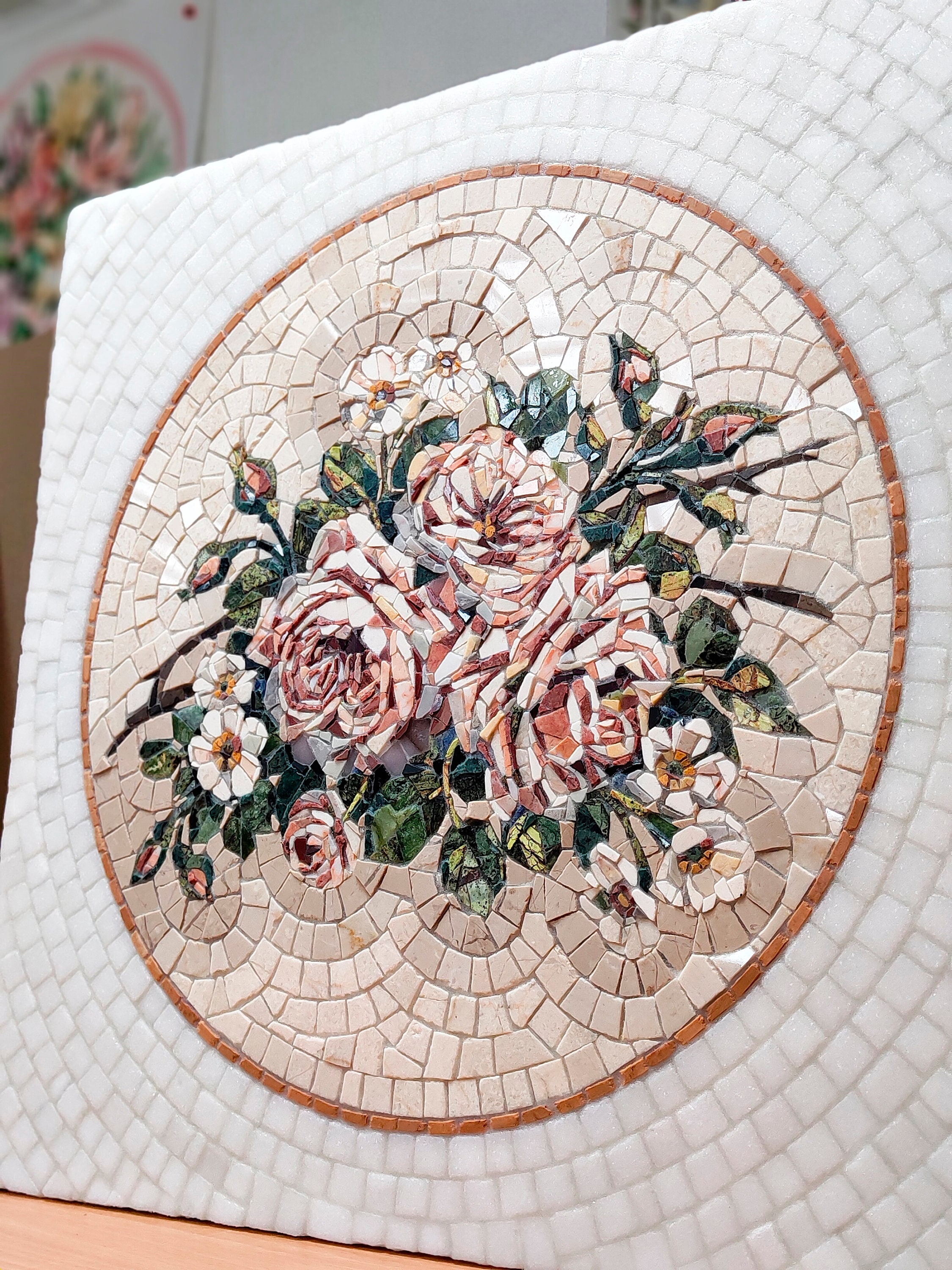 Round Marble Mosaic Tiles Roses Flowers - Etsy