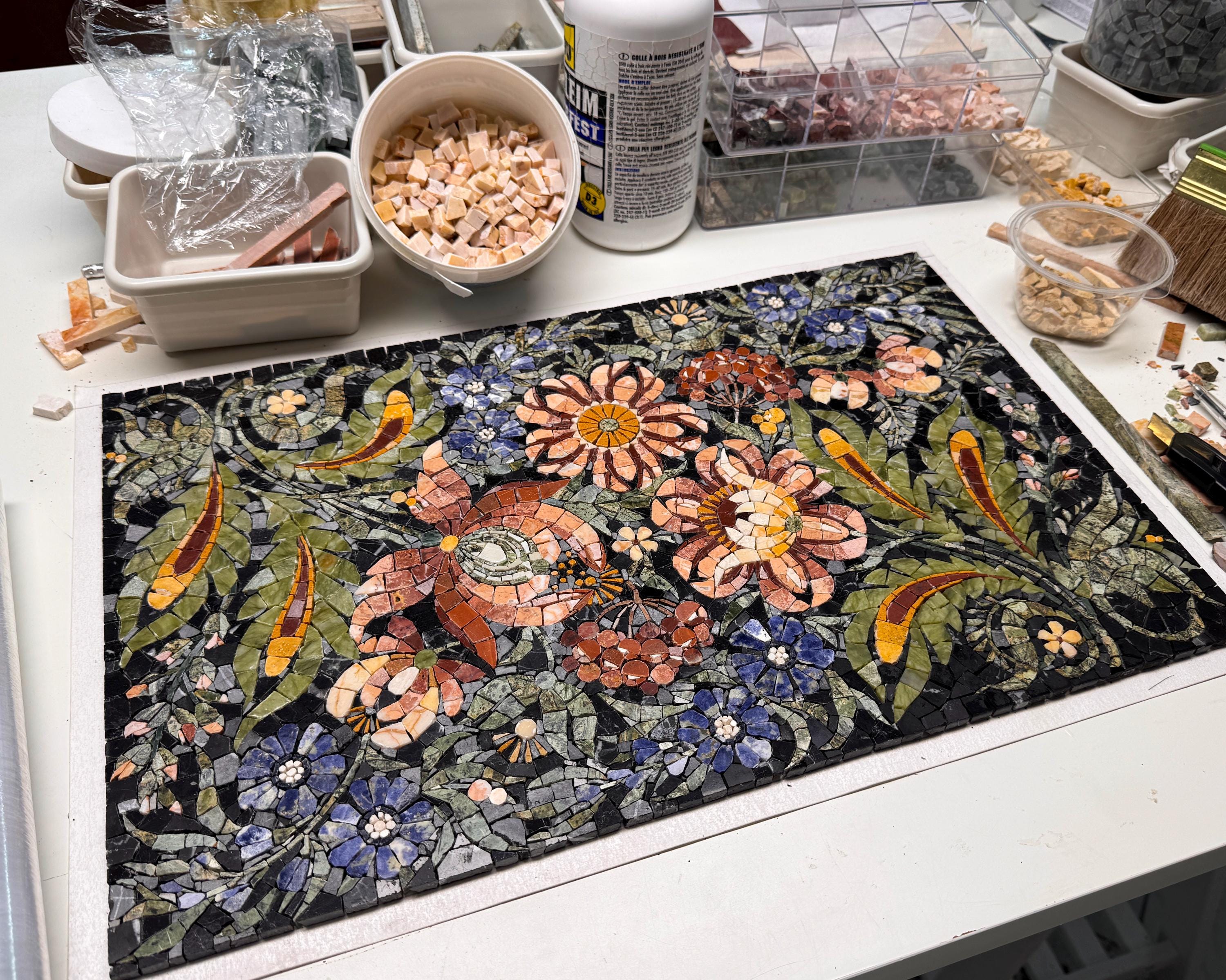Ukrainian Petrykivka Floral Marble Mosaic Tabletop, Mosaic Tiles Coffee ...