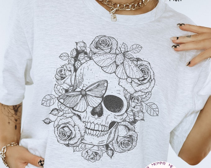 Floral Skull Shirt Halloween Shirt Flower Skull Shirt Metallic Gunmetal ...