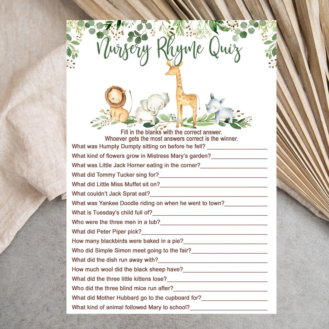 Safari Baby Shower Game, Nursery Rhyme Quiz Game, Gender Neutral Safari ...