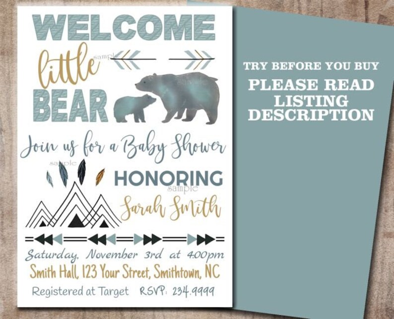 Little Bear Baby Shower Invitation Template, Editable Baby Shower ...