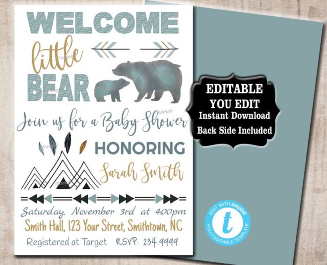 Little Bear Baby Shower Invitation Set Rustic Bear Editable | Etsy