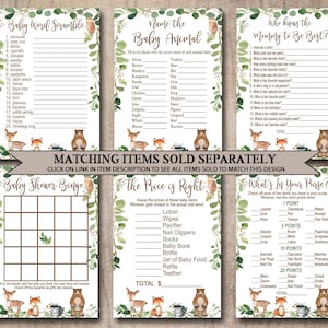 Woodland Baby Shower Bingo Game Gender Neutral Forest Animals, Greenery ...