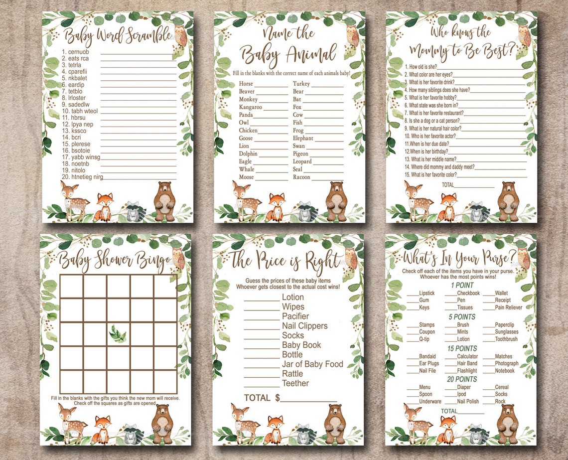 Woodland Baby Shower Game Package 6 Printable Forest Animal - Etsy