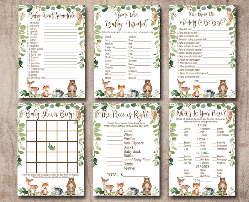 Woodland Baby Shower Game Package 6 Printable Forest Animal - Etsy
