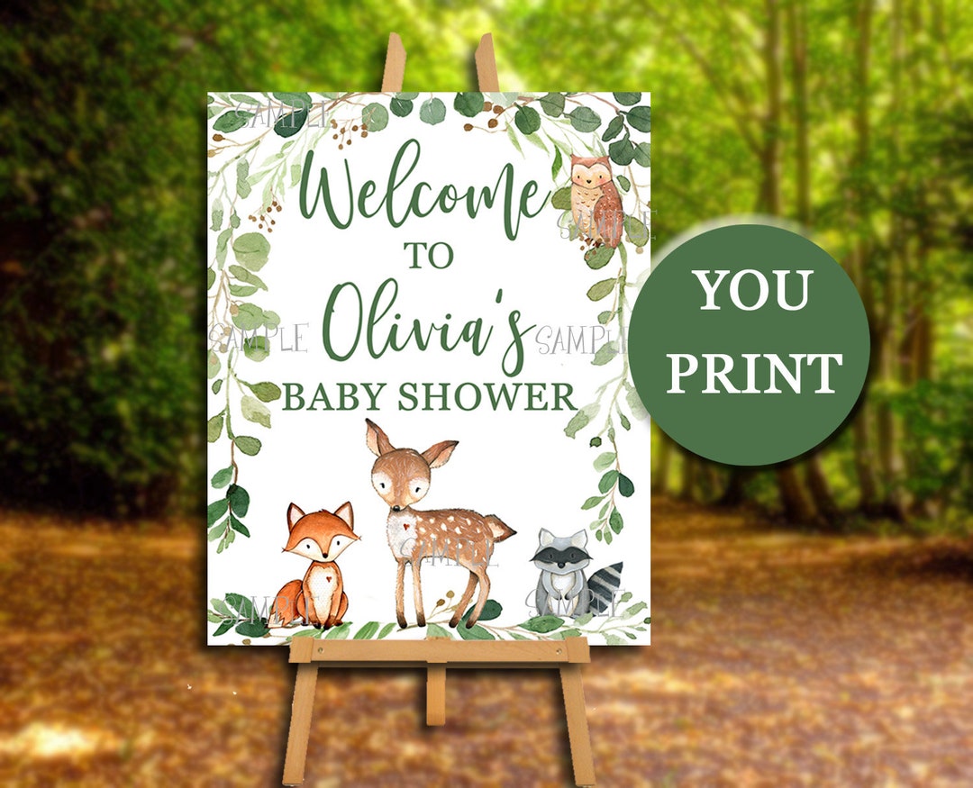 Woodland Animals Baby Shower Welcome Sign, Greenery Personalized ...