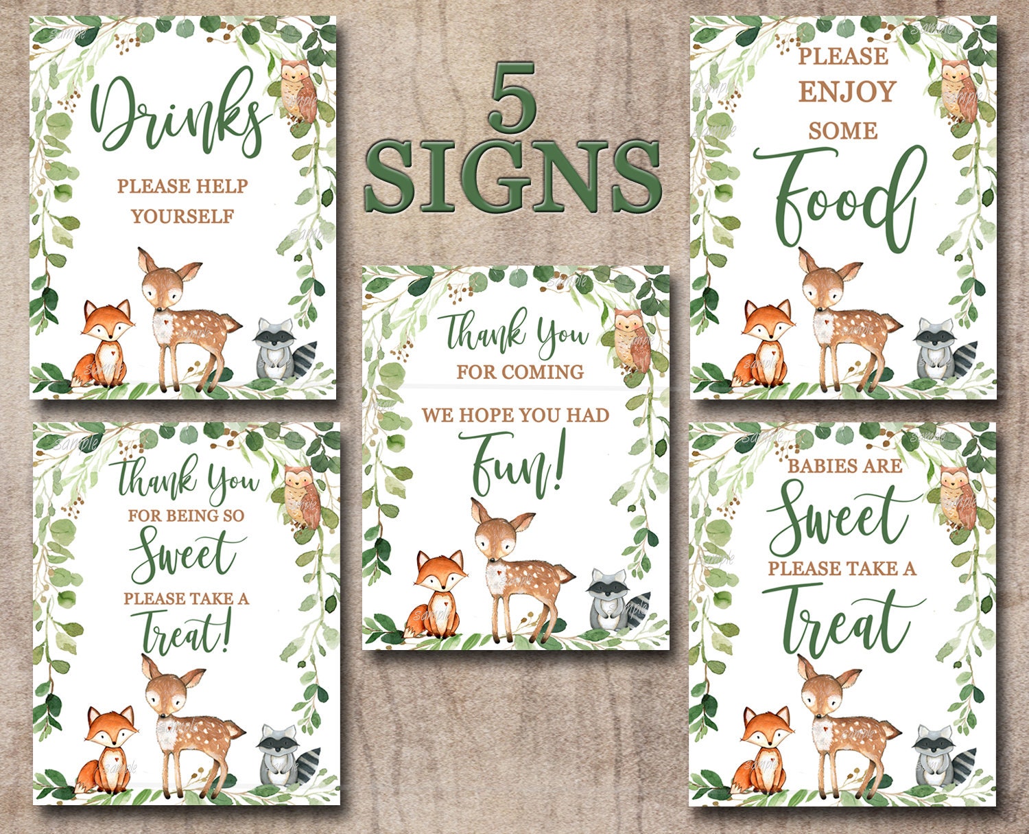 Woodland Baby Shower Table Signs Set of 5 Printable forest | Etsy