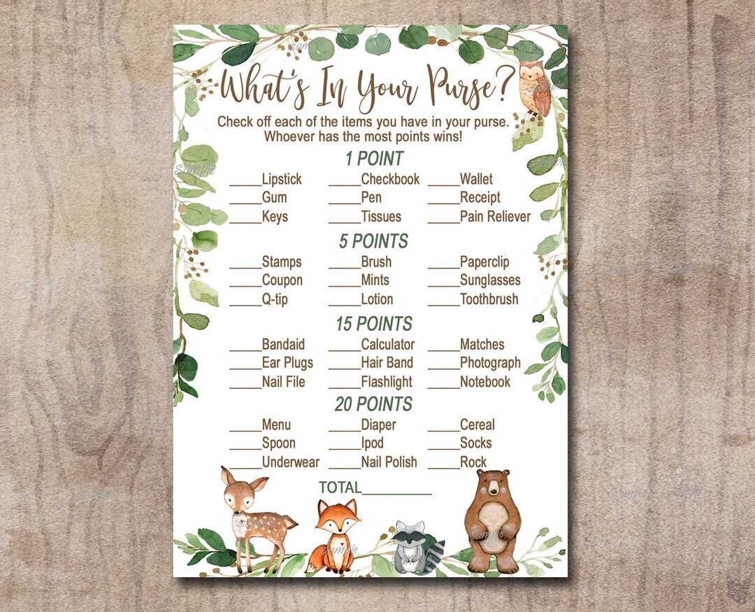 Woodland Baby Shower Game What's in Your Purse, Gender Neutral Forest ...
