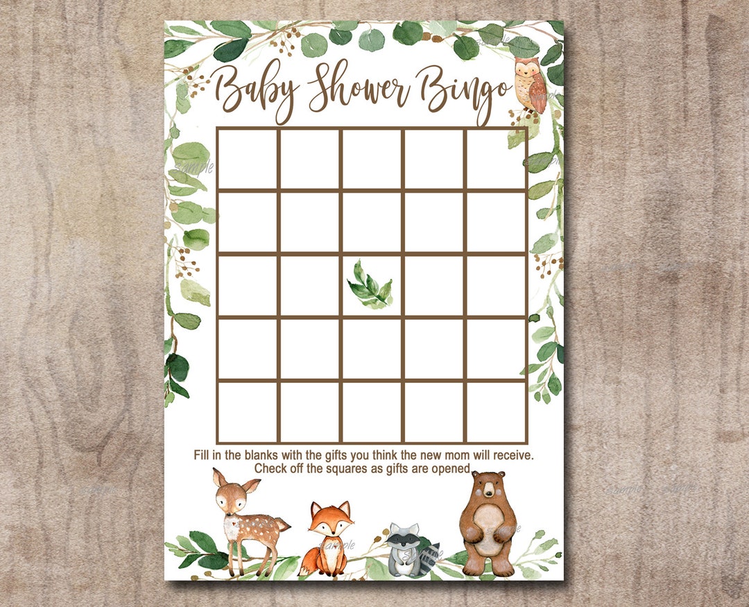 Woodland Baby Shower Bingo Game Gender Neutral Forest Animals, Greenery ...