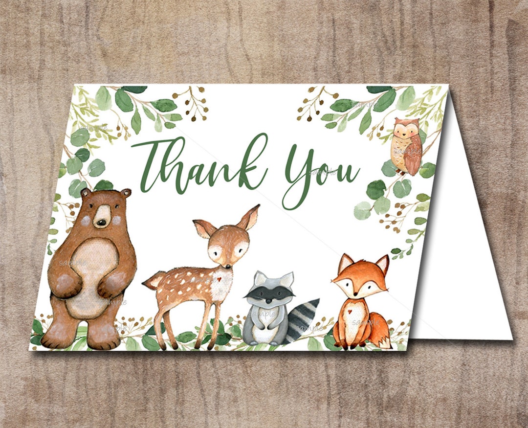Woodland Thank You Card Printable, Greenery Woodland Animals Baby ...