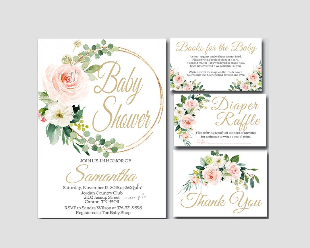 Paquete de invitación de baby shower floral rosa rubor, libros de ...