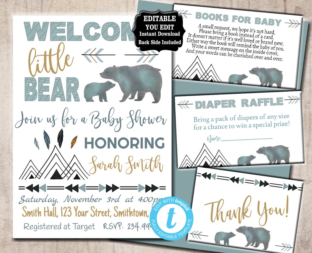 Little Bear Baby Shower Invitation Set Rustic Bear Editable - Etsy