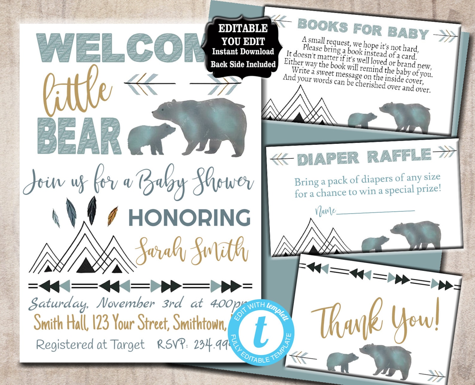Little Bear Baby Shower Invitation Set Rustic Bear Editable | Etsy
